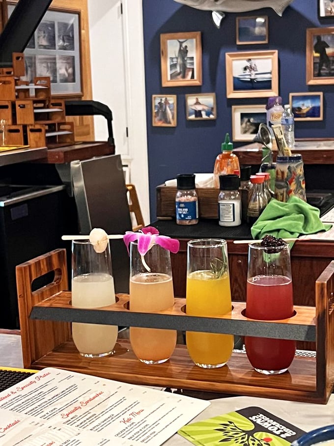 Breakfast meets happy hour in this colorful flight of mimosas. Four different ways to toast the morning or celebrate your excellent lunch decision.