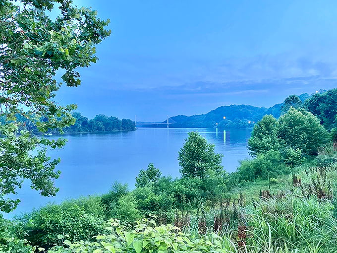 The Ohio River at dusk turns into a sheet of blue silk, with distant hills and the bridge creating a postcard-worthy scene.