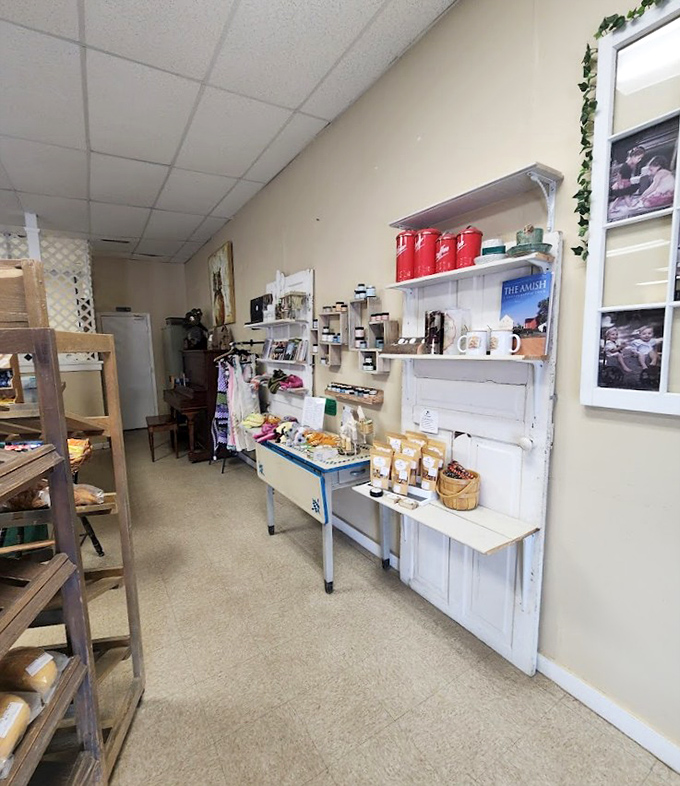 The rustic shelving displays jars of homemade goodness like a delicious library of flavor. Browsing here is dangerously tempting for your pantry and wallet.
