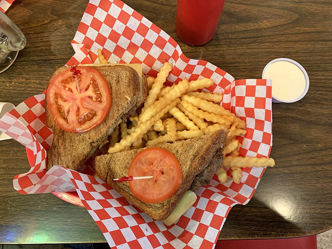 That patty melt is having its glamour shot moment. Perfectly grilled bread, melted cheese, and a burger patty that's clearly living its best life.