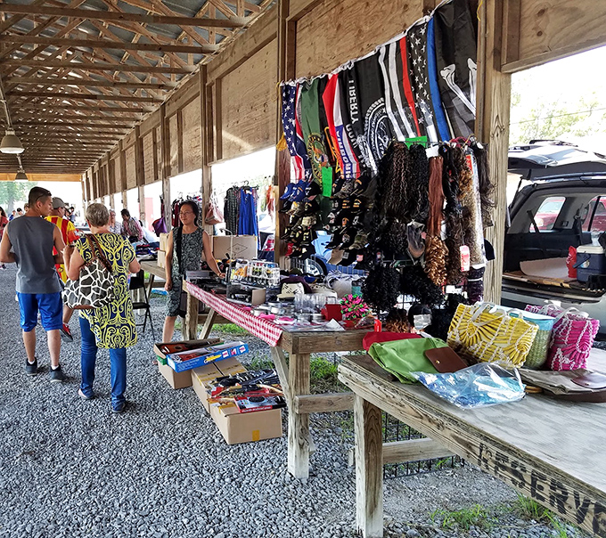 The covered outdoor section buzzes with weekend energy. Where serious shoppers and casual browsers unite in the thrill of discovery.