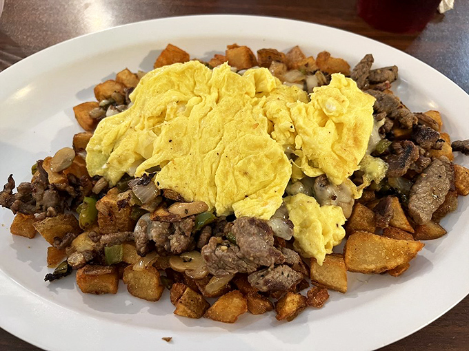 The Philly skillet &ndash; a glorious mess of potatoes, steak, and eggs that makes you grateful someone thought to combine these ingredients.
