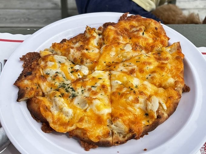 They call it White Crab Pizza, but I call it "Why didn't I think of this?" Cheese and crab in perfect harmony on a crispy crust.