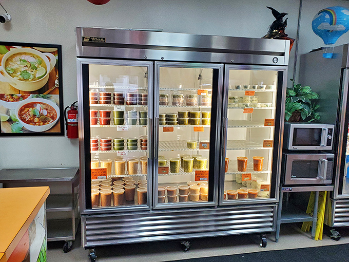 The refrigerator case: a treasure chest of ready-to-eat delights. Like a Mexican deli counter designed by someone who really gets hunger.