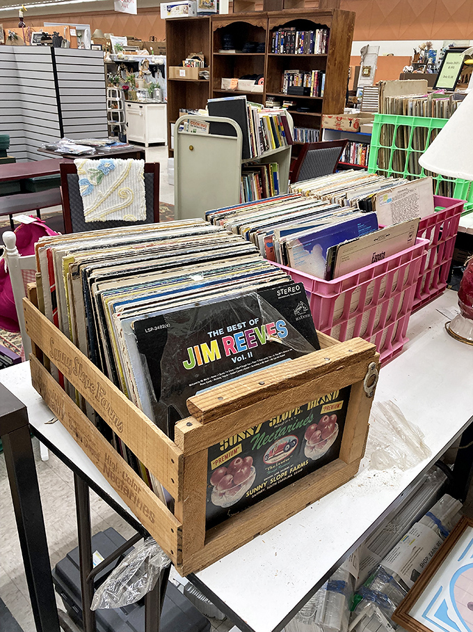 Vinyl records in wooden crates&mdash;the way music was meant to be discovered. Jim Reeves waits patiently to serenade someone's turntable once again.