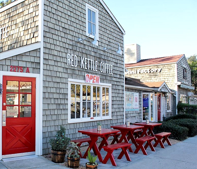 Red Kettle Coffee's bright red picnic tables invite lingering conversations and people-watching &ndash; the unofficial sport of laid-back beach towns everywhere.