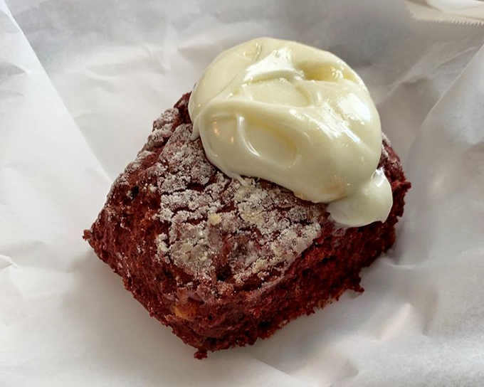 Red velvet brownie with cream cheese frosting &ndash; because sometimes breakfast deserves to masquerade as dessert without apology.