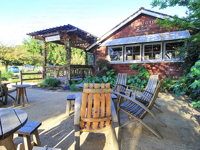At Refugio Ranch, wine barrels double as outdoor furniture, because when you make great wine, everything becomes part of the experience.