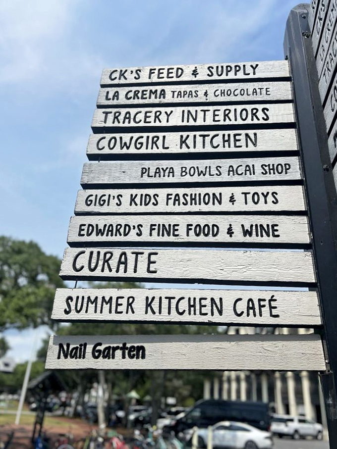 This rustic signpost reads like a treasure map for your taste buds—each wooden plank pointing toward culinary adventures waiting to be discovered.