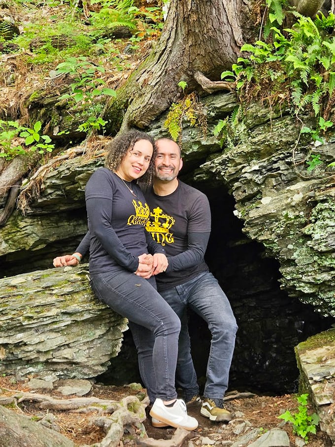 Ancient rock formations create natural alcoves along the trail, where layers of shale tell Earth's geological story spanning millions of years.
