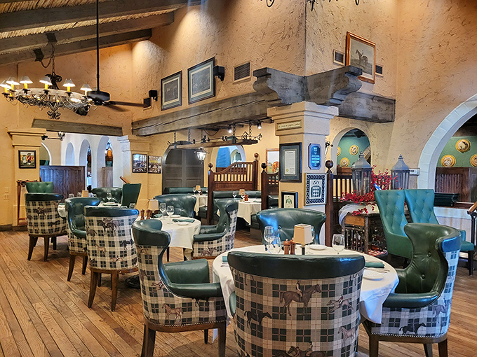 Plaid chairs and white tablecloths create the perfect blend of country comfort and dining elegance. Somewhere between ranch hand and ranch owner.