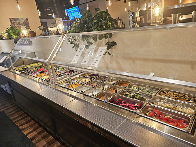 The salad bar stands ready for battle&mdash;a colorful array of vegetables and toppings that turns the phrase "I'll just have salad" into something exciting.