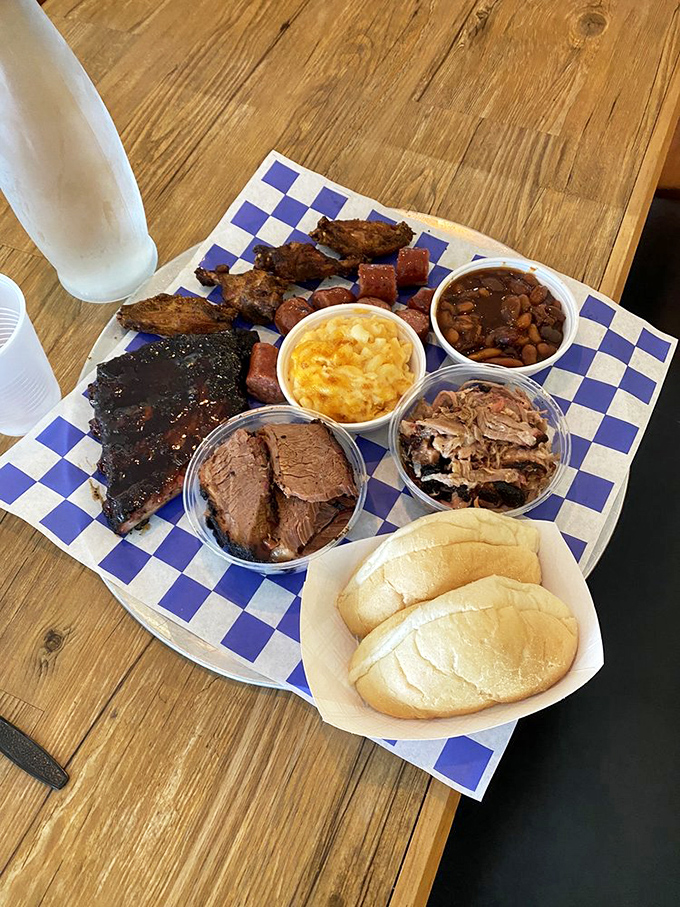 The BBQ Sampler&mdash;nature's perfect meal. Notice how the coleslaw provides the illusion that vegetables are involved in this feast.