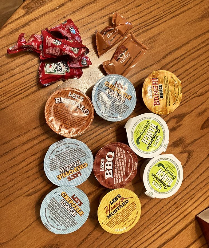 A sauce collection that proves variety is indeed the spice of life. From honey mustard to buffalo, each little cup holds liquid personality.