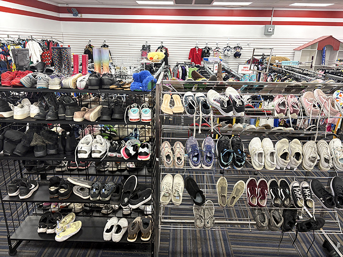 Footwear democracy in action: designer loafers mingle with practical sneakers, all waiting for their Cinderella moment.