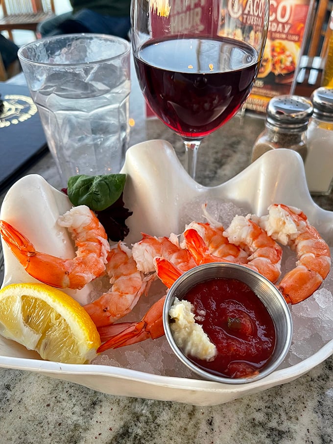 Jumbo shrimp cocktail served in a dish shaped like a wave&mdash;because presentation matters. Sweet, tender morsels that taste like the ocean just blew you a kiss.
