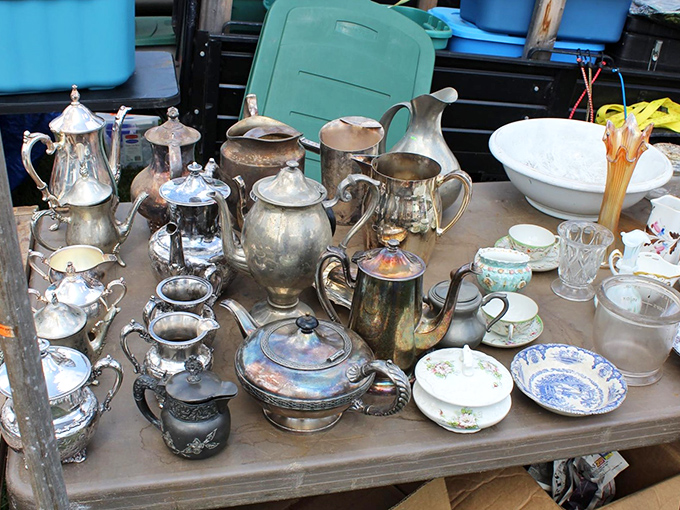 Silver tea services that once graced formal parlors await new homes. These elegant pourers and creamers have survived decades, ready to class up your Sunday brunches.