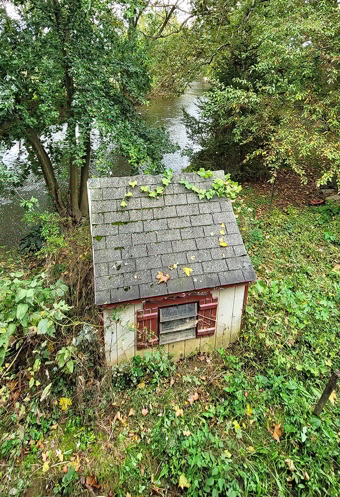 Even the smallest structures near the bridge have character. This little shed by the creek looks like it belongs in a children's storybook.
