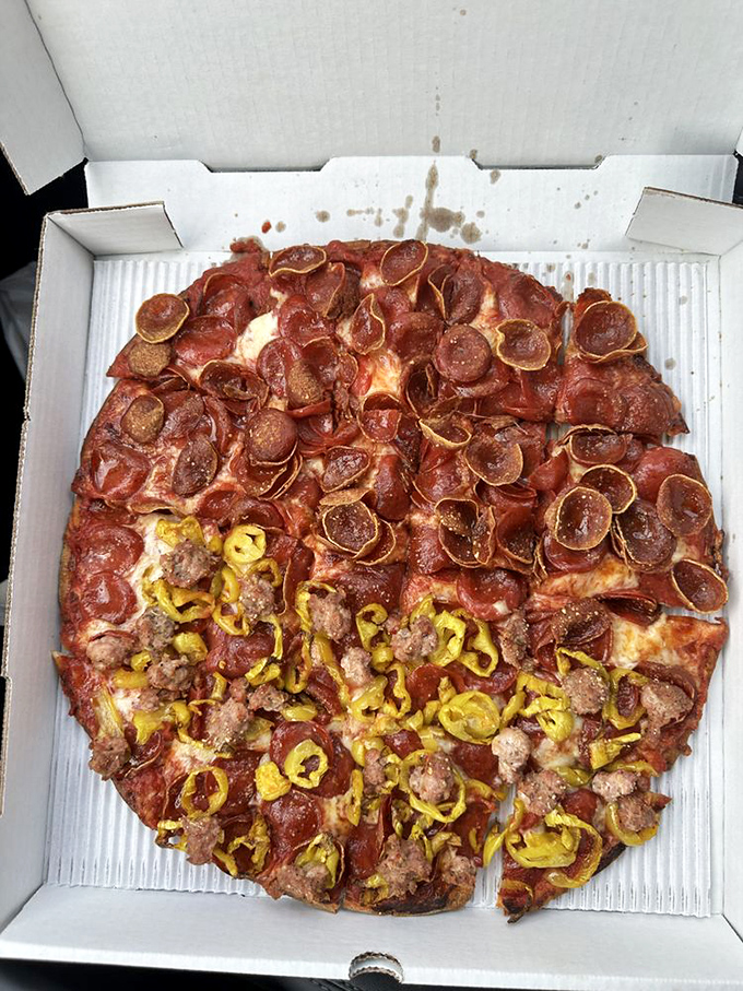 Half pepperoni, half sausage and banana pepper—the pizza equivalent of having your cake and eating it too. Indecision never tasted so good.