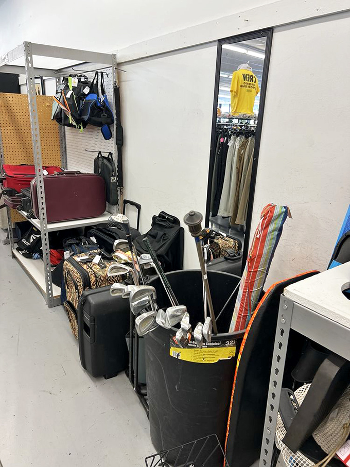 Golf clubs and luggage sharing space like old travel buddies swapping stories at the airport bar.