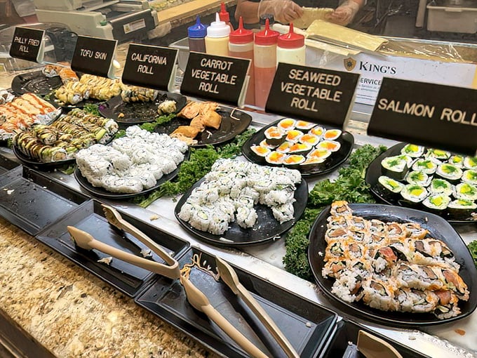 A colorful array of sushi rolls labeled with helpful signs &ndash; like a delicious library where you can check out flavors instead of books.