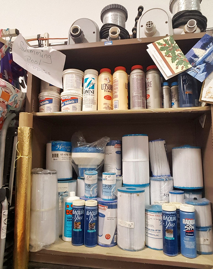 Everything but the pool! This organized chaos of filters and chemicals proves that one person's maintenance headache is another's flea market gold.