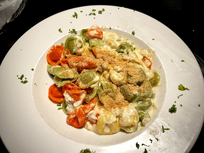 Colorful tortellini that looks like edible jewelry. Each little pasta pocket holds a surprise, like Christmas morning for your taste buds.