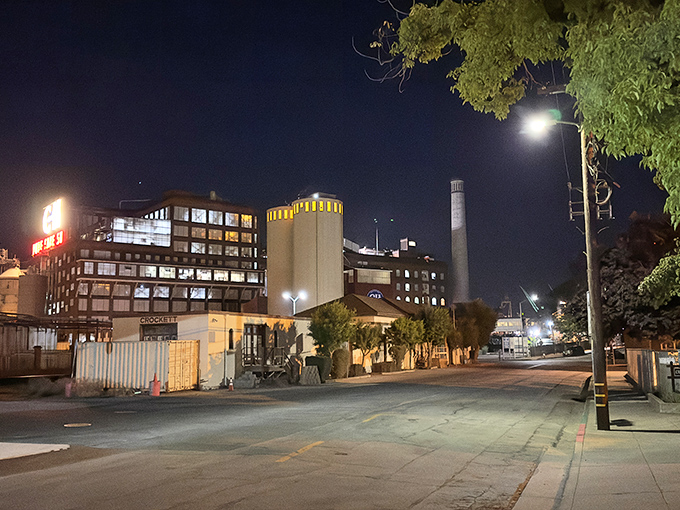 The C&H Sugar factory illuminates the night like a steampunk fantasy, reminding visitors that sweetness is manufactured here in more ways than one.