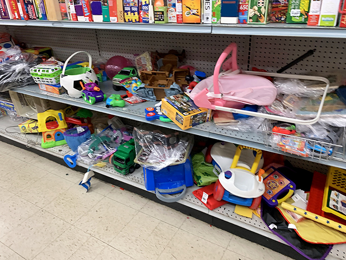 The toy section resembles a plastic playground explosion—where childhood dreams come with price tags small enough to say "yes" more often than "maybe."