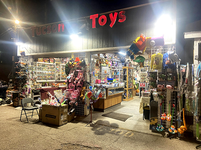 The toy stall glows like a beacon of nostalgia, where parents often exclaim, "I had that when I was a kid!" while reaching for their wallet.