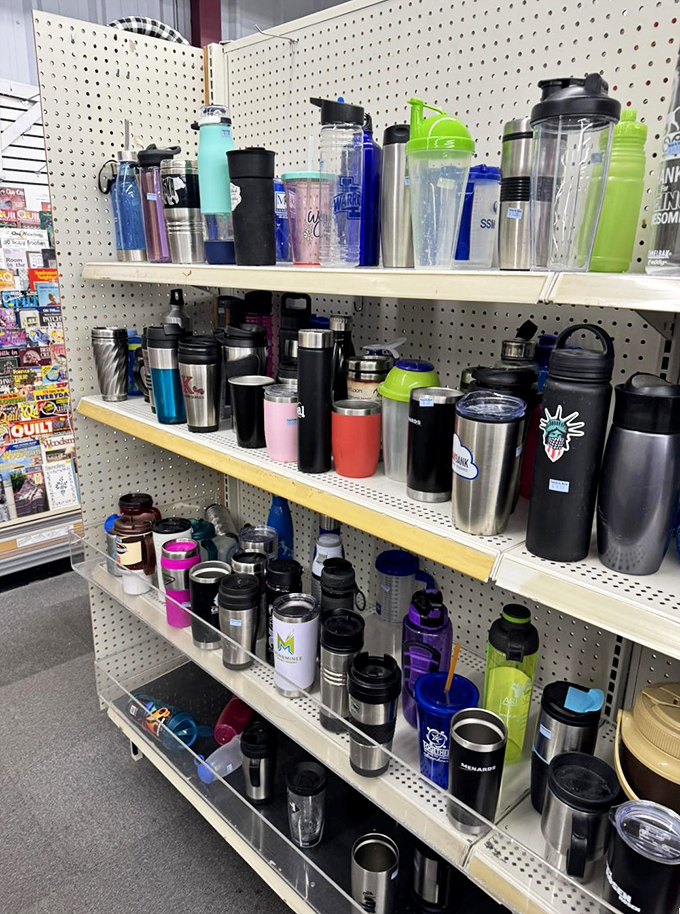 A hydration station of travel mugs and tumblers, where your next favorite water vessel awaits at a fraction of retail therapy prices.