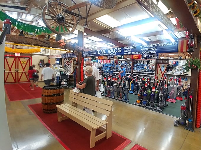 The vacuum cleaner display might be the only place where "this really sucks" is a five-star review. Practical shopping meets nostalgic design.