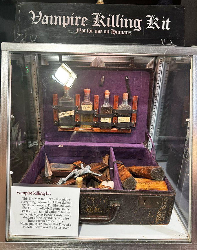 "Not for use on humans" warns this vintage vampire killing kit, complete with stakes, potions, and holy implements.