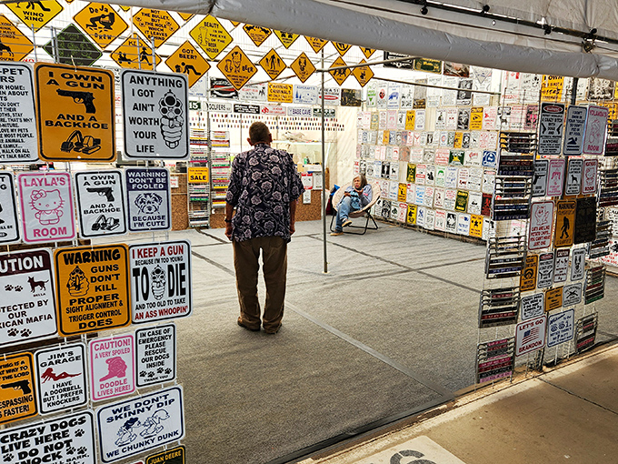 Warning: You might spend hours reading before buying anything in this sign section&mdash;equal parts humor, politics, and pure Americana.