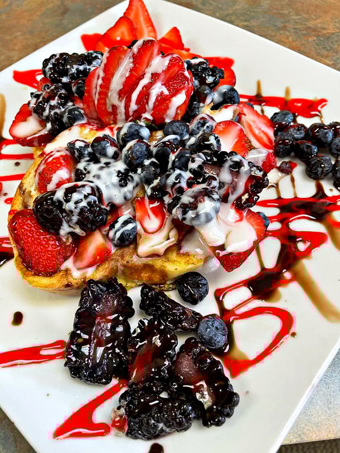 Berry-laden French toast that doesn't just satisfy hunger but creates a legitimate excuse to eat dessert before noon. Brilliant strategy.