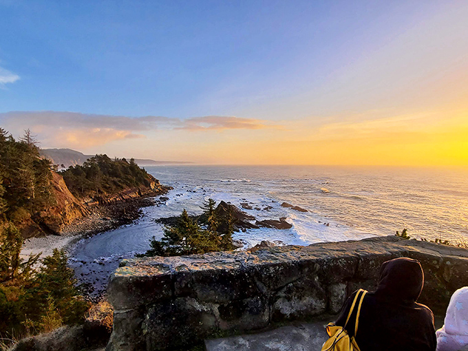 Golden hour at Cape Arago turns ordinary humans into temporary poets. Even your teenager might look up from their phone here.