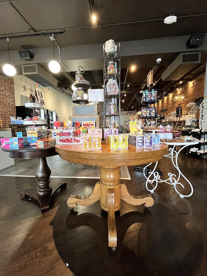 A wooden table that's seen countless candy dreams come true. That vintage pedestal is practically a shrine to childhood joy.