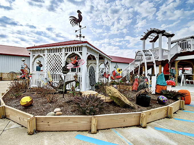 This whimsical garden display at Walnut Creek Amish Flea Market proves that even weathervanes can be conversation starters in Amish Country.