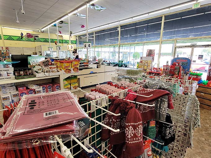 The checkout area's final temptation zone: where impulse buys and seasonal treasures make one last bid for your shopping basket.