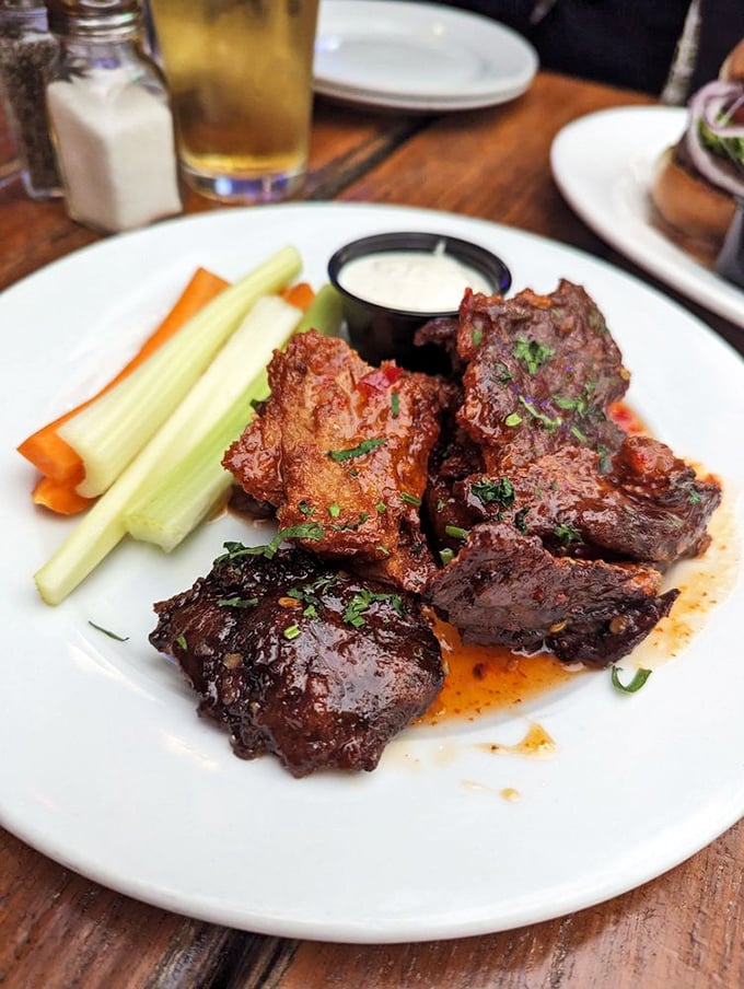 These wings aren't just cooked&mdash;they're transformed. Glistening with sauce and served with the crisp vegetables you'll probably ignore.