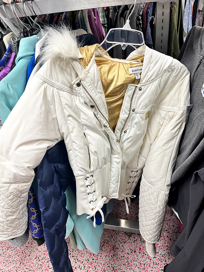 A designer winter jacket with gold lining waits for its Cinderella moment. In South Carolina, this might be worn exactly twice per year.