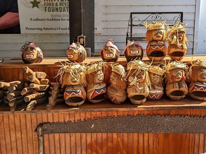 These wooden characters have more personality than most reality TV stars. Coconut craftsmanship that turns tropical husks into conversation pieces. 