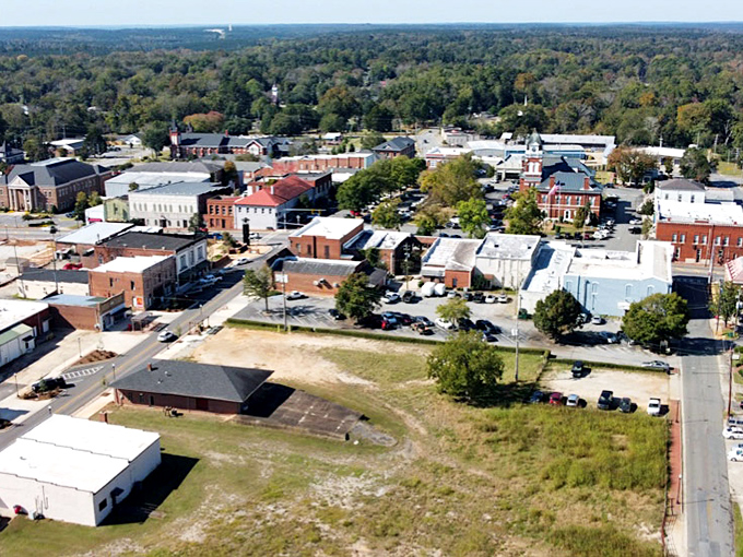 This bird's-eye view reveals Sandersville's perfect small-town geometry – a harmonious blend of historic buildings, tree-lined streets, and community spaces.