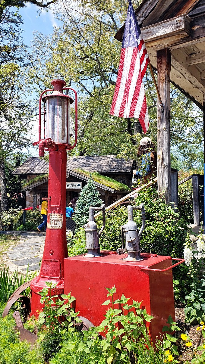 The vintage gas pump outside isn't just decorative&mdash;it's a crimson reminder of road trips when the journey was as celebrated as the destination.