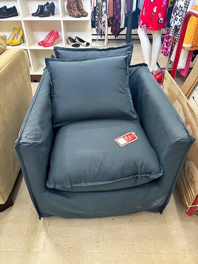 Not just a chair, but a statement piece waiting for its forever home&mdash;perfectly staged among shoe displays that would make Imelda Marcos proud.