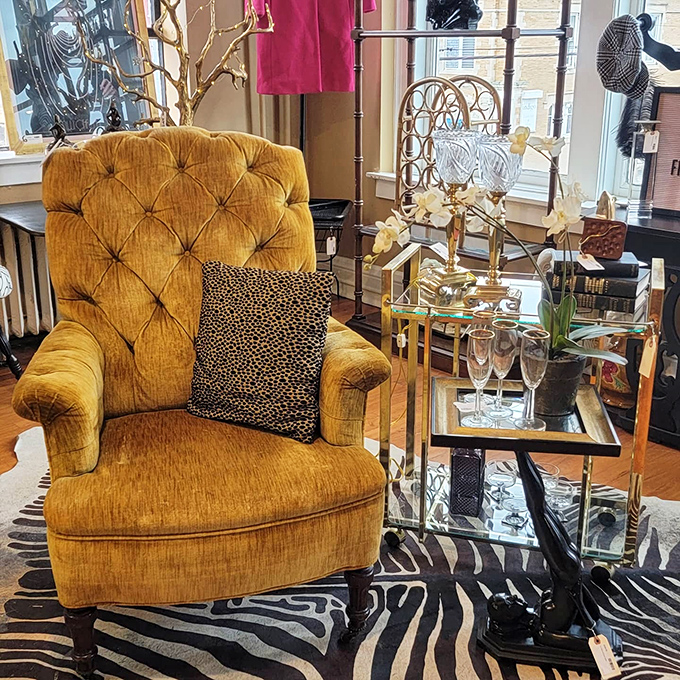 That mustard velvet chair isn't just seating&mdash;it's a throne waiting for someone to recognize its royal potential in a modern living room.