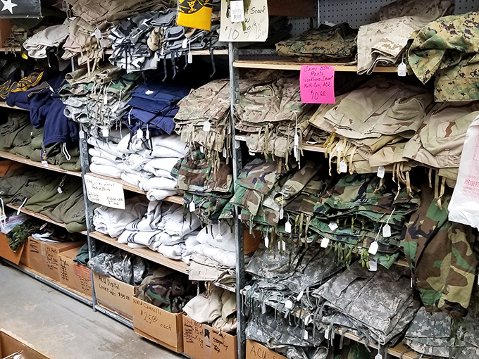 Military surplus heaven&mdash;where camouflage never goes out of style and practical meets tactical in neatly organized rows.