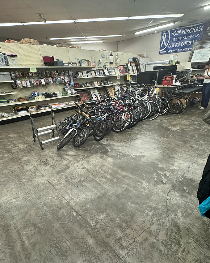 The bicycle graveyard, where two-wheeled transportation gets its second wind. That banner reminds us our purchases support cancer care.
