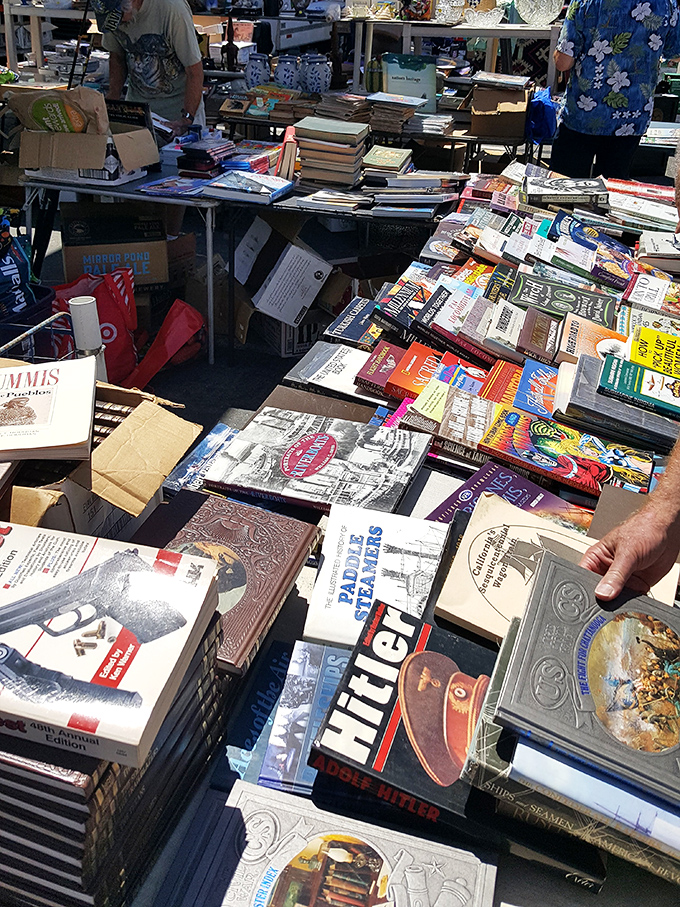 Books stacked like literary skyscrapers offer adventures at bargain prices. That dog-eared copy of "Paddle to the Sea" might be the same one from your childhood.
