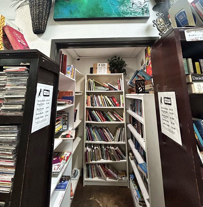 A literary labyrinth where paperback adventures await. This narrow book nook is where stories find their second audience.